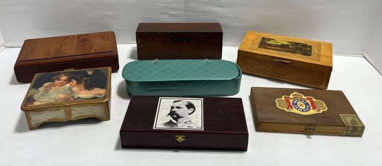 Jewelry boxes with cigar boxes and more, includes: 1950s Aqua satin ...