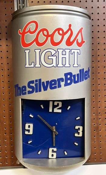 Coors light clock, 14"W x 23"H, cracked, wear - Albrecht Auction Service