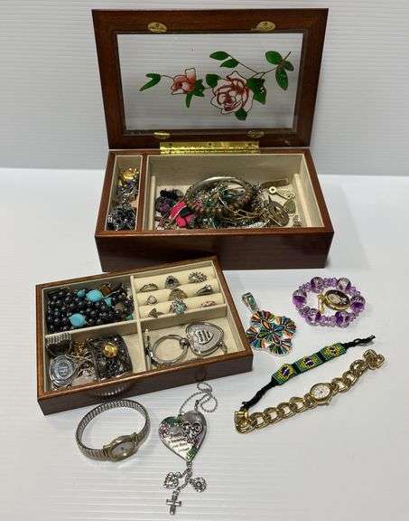Untested jewelry in a very nice jewelry box, box- 10"W x 6"D x 3"H ...