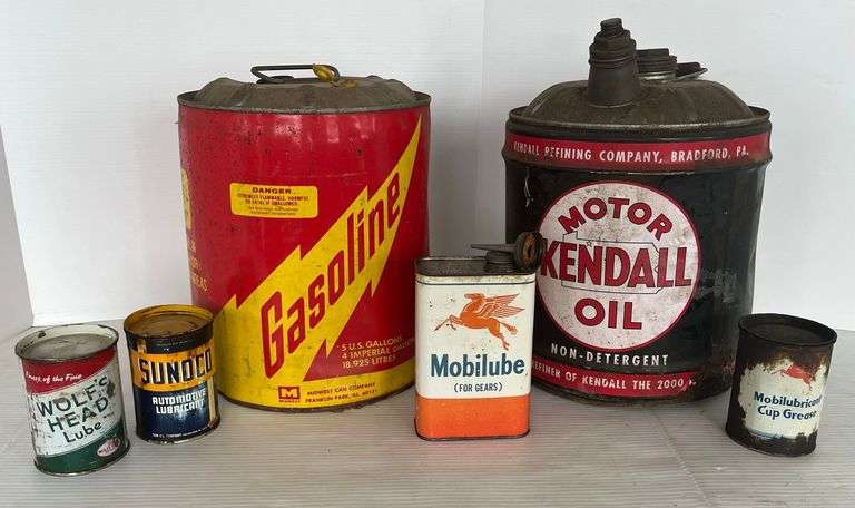 (6)-Old Gas, Oil & Lube Cans, Include: Five Gallon Kendall Motor Oio ...