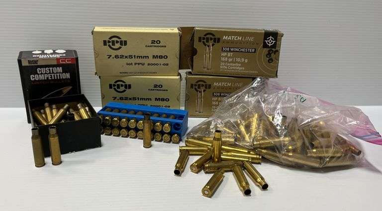 (80) PPU 308 Win. and 7.62x51 brass cases; (57) Primed and resized; (77) Primed 308 Win ...