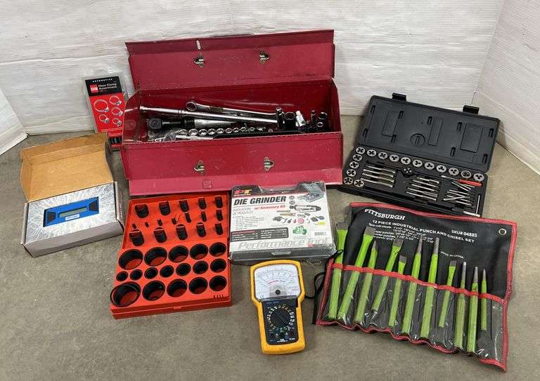 Stack on tool box with assorted tools, 21"W x 9"D x 6"H, good ...