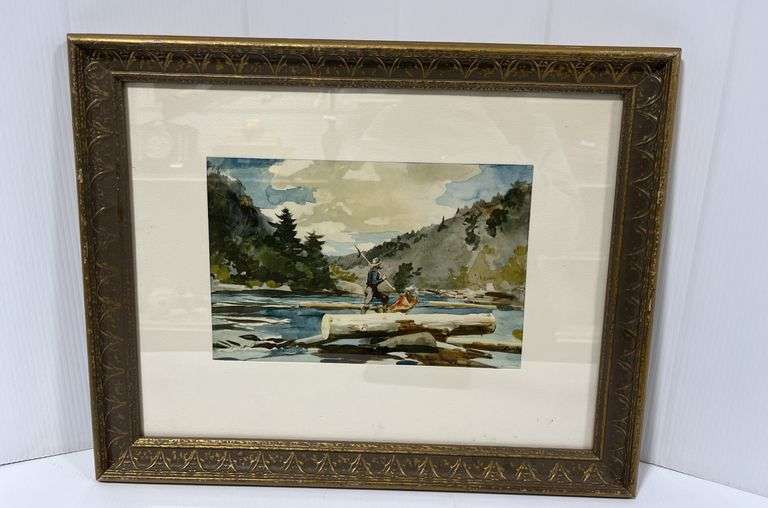 Older print of watercolor logging, frame- 20" x 16", well matted and ...