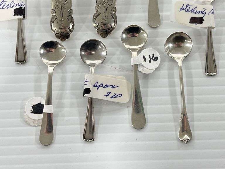 (8) Sterling salt spoons, marked, 2"; (2) Larger Mexican salt spoon ...