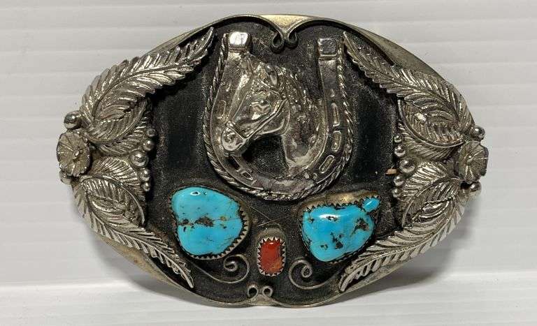 Old turquoise and coral western belt buckle, adorned with horse and ...