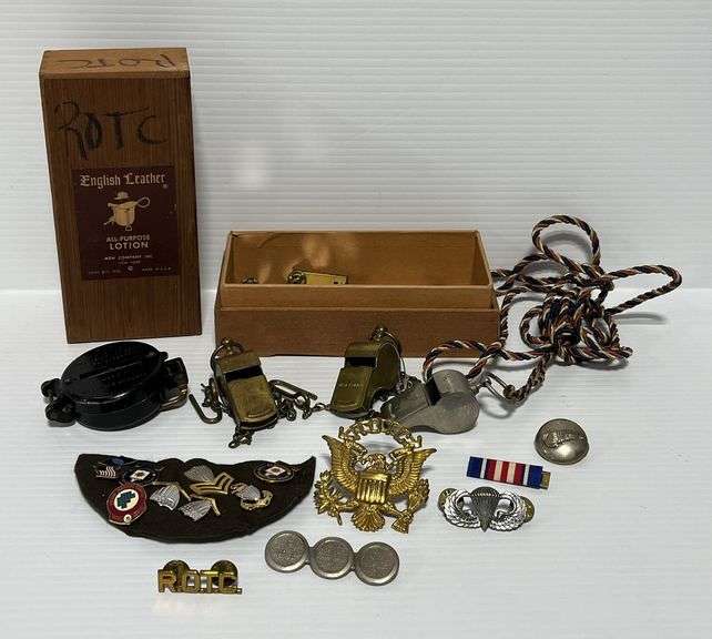 (28) Older Military/CIA pins, Service Medals, and (3) Military whistles ...