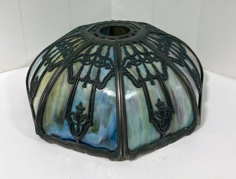 Antique slag glass rent lamp shade/panels, 18" x 7", glass and metal ...