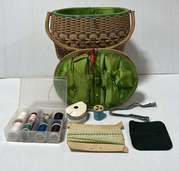 Wicker sewing basket on legs, tapestry pic on lid, 15"W x 10 1/2"D x 16 ...