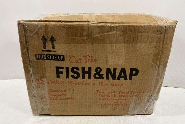 Cat tree, fish and nap, all contents complete, tan color with sisal ...