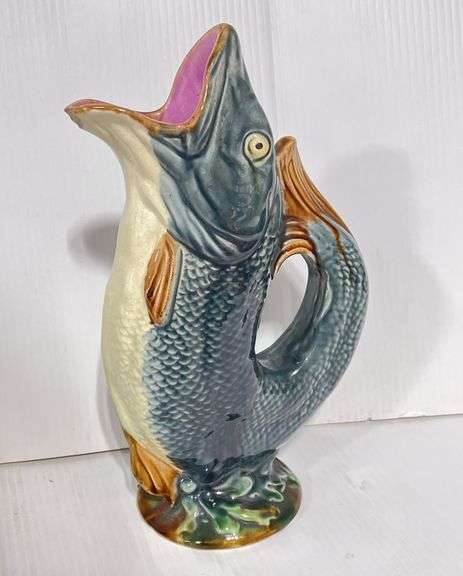 Antique majolica gurgling fish pitcher from the 1800's, 10 1/2"H, chip ...