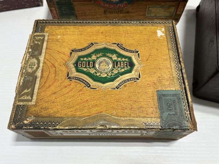 (6) Boxes, include: 3- Decorative cigar boxes, all wood; Metal cigar ...
