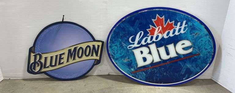 (2) Beer signs, includes: Labatt Blue, heavy glass, 24"; and Blue Moon ...