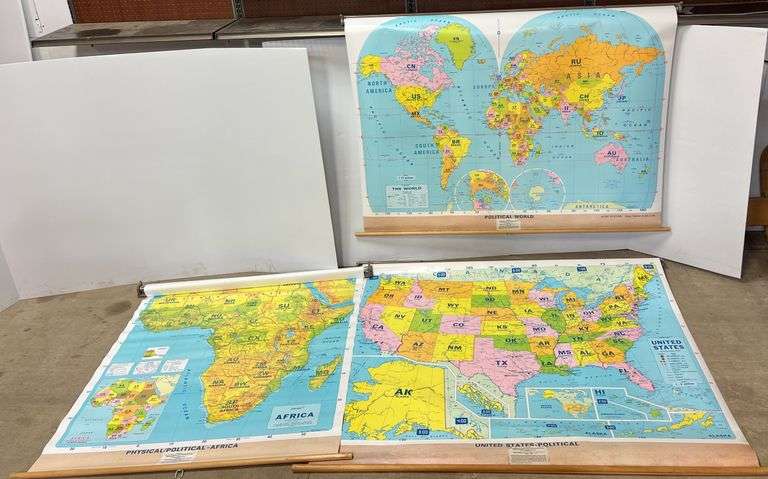 (3) Older wall maps from school, include: US Political, 5', Political ...