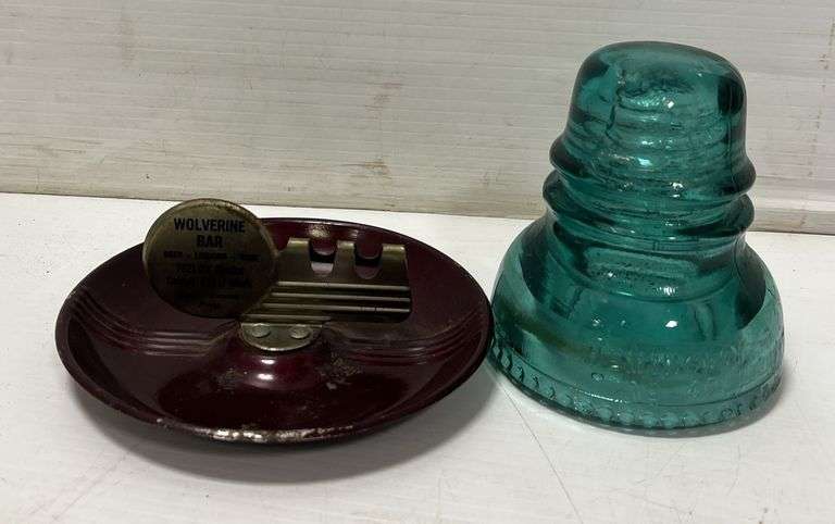 Old blue glass electrical insulator Detroit's Wolverine bar ashtray ...