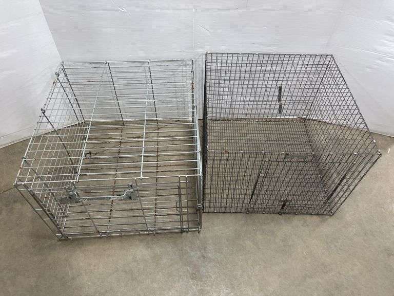 (2) Wire animal cages, one- 26 1/2" x 24" x 17", holes- 1 1/4" x 8 ...