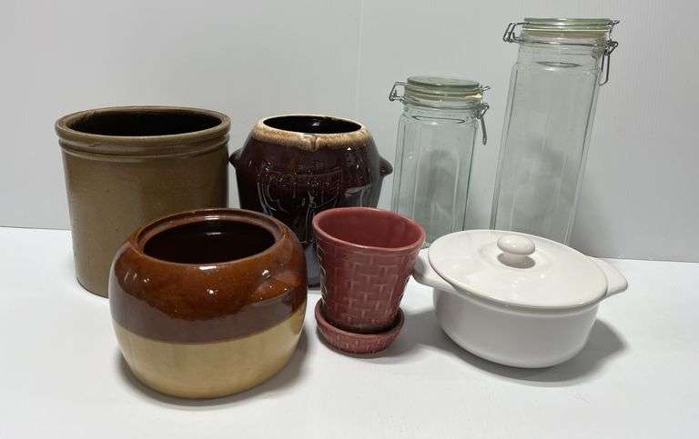 1-Gallon crock, Older cookie jar without lid, McCoy no. 7024; Bean pot ...
