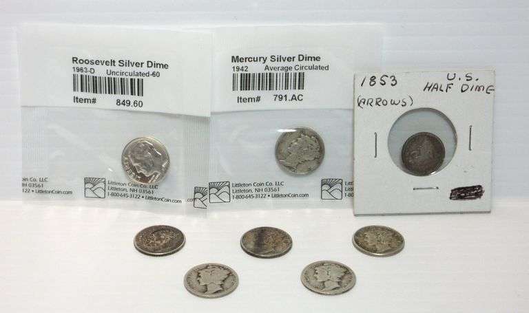 US Silver dimes, include: 1963-D Roosevelt, UNC; 1942 Mercury; 1853 ...