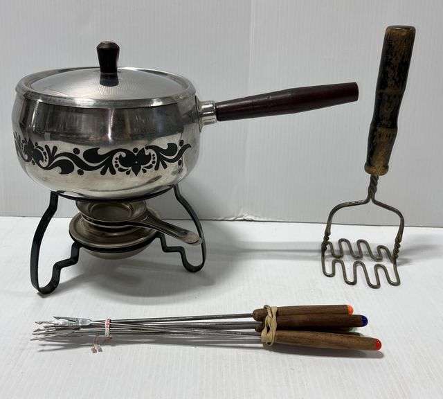 Older fondue pot with stand and burner, 7 1/2"H top of pot to bottom ...