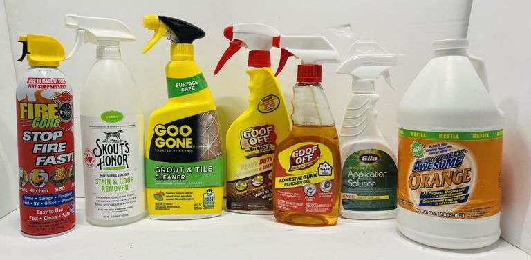 Fire Gone fire suppressant, Goo Gone grout and tile cleaner, Goof Off ...