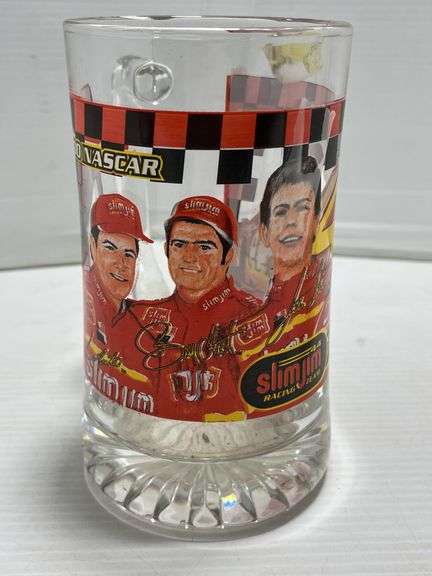 (4) Older glass drinking mugs, include: Slim Jim NASCAR, A&W Root Beer ...