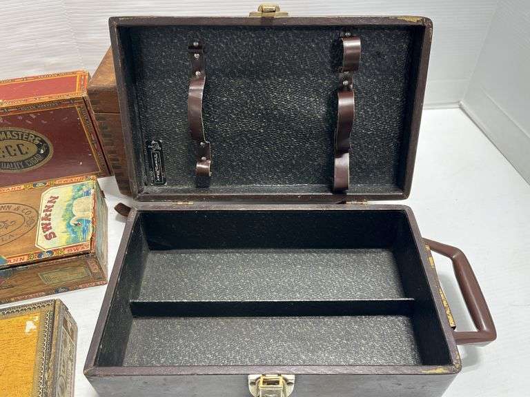 (6) Boxes, include: 3- Decorative cigar boxes, all wood; Metal cigar ...