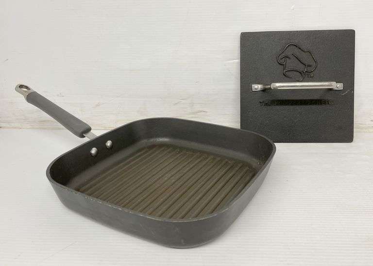 Pampered Chef square grill pan with cast iron grill press, 11", some ...