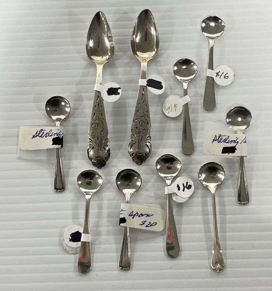 (8) Sterling salt spoons, marked, 2"; (2) Larger Mexican salt spoon ...