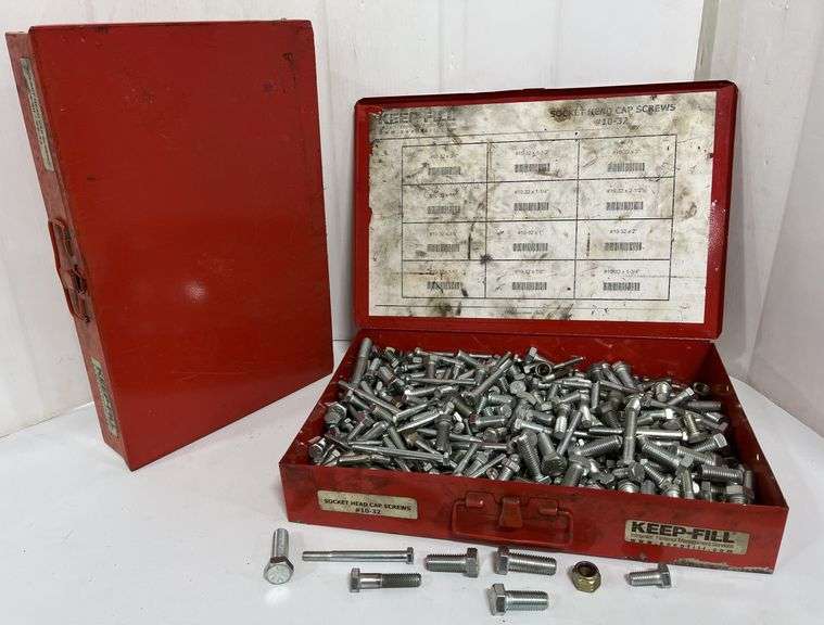 Red organizer case filled with silvertone bolts with some nuts to match ...