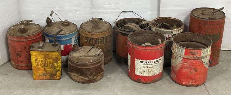 (13) Oil and gas cans, up to 17 1/2"H, rusty - Albrecht Auction Service