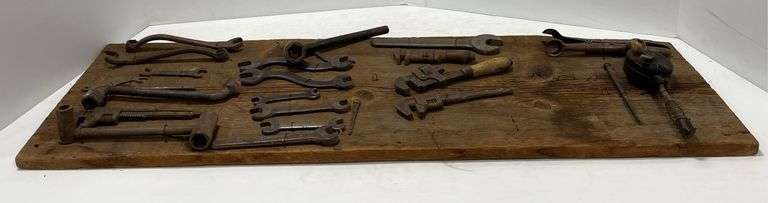 Antique tool display, some of the tools are Ford, board- 49"W x 16"H ...