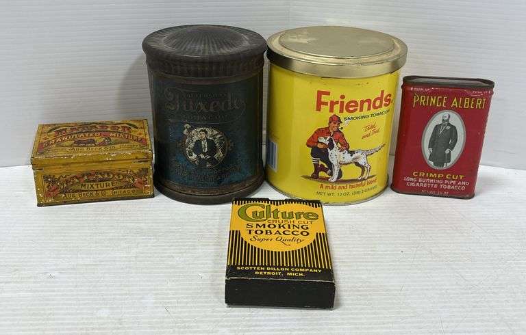 (5) Tobacco items, include: Culture Cardboard case, Detroit; Tuxedo tin ...