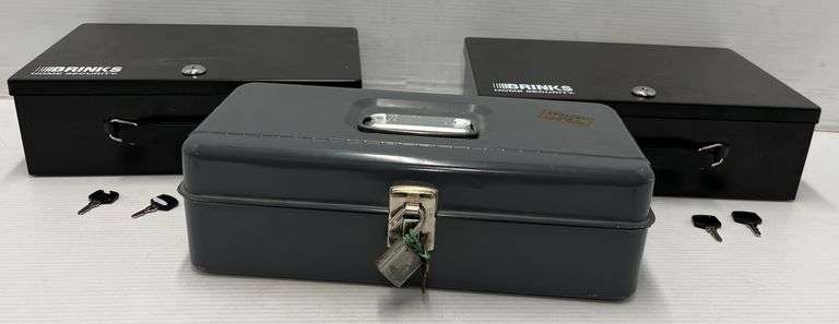 (2) Brinks lock boxes with keys, and Century lock box with lock and key ...