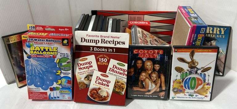 (12) DVDs, puzzle, books, steak knives, Checkers game, used, good ...