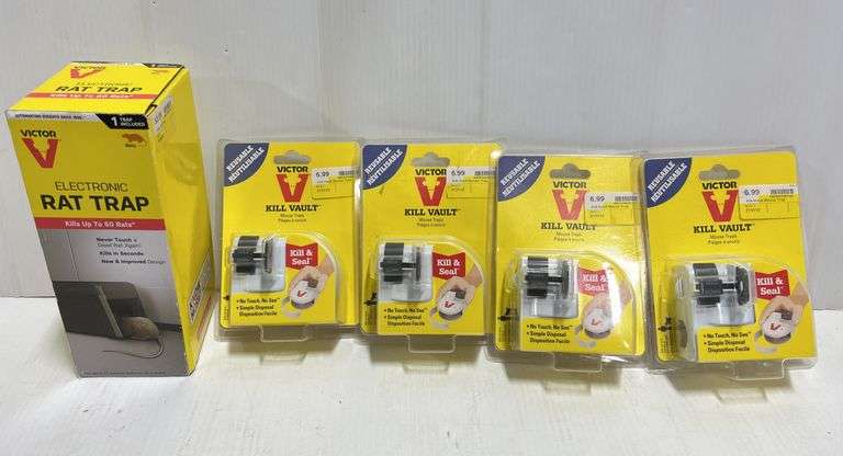 (4) Victor "Kill Vault" mouse traps, and Victor electronic rat trap, all reusable, NIP ...