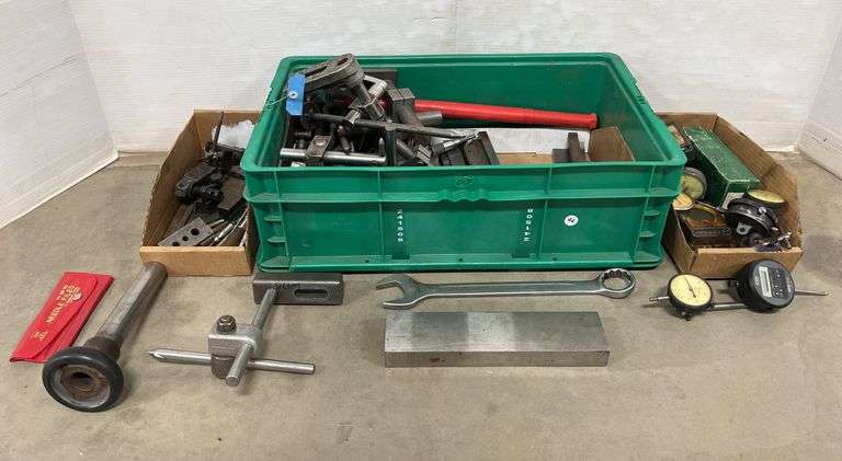 Assorted machinist tools, include: Setup fixtures, surface gauges, and ...