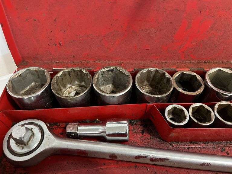Large ratchet and socket set, in red metal case, 15/16" to 2" sockets ...