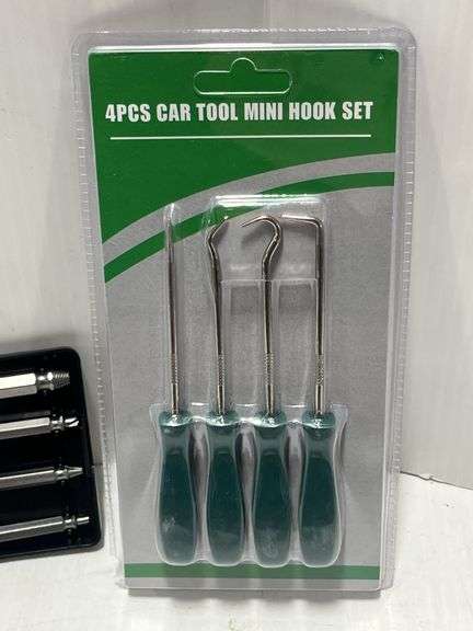 (4) Steel speed-out extractor, new; 4-Piece car tool mini hook set, new - Albrecht Auction Service