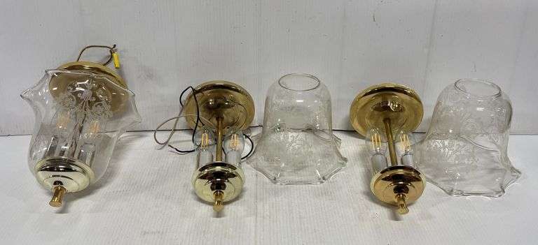 (3) Gold colored finish light fixtures, include: 2- Bulbs with etched ...