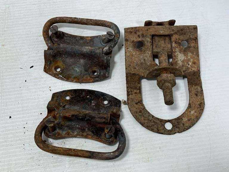 Old items, include: Pull handles, Padlock with key, Pulley, Paint ...