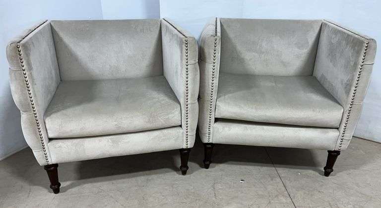 Pair of Contemporary cream vellore square chairs, 17"H to seat, 32"H at ...