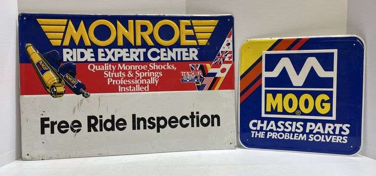 Moog Sign, 18" x 18"; Monroe Ride Expert Center Tin Sign, 33" x 22 ...