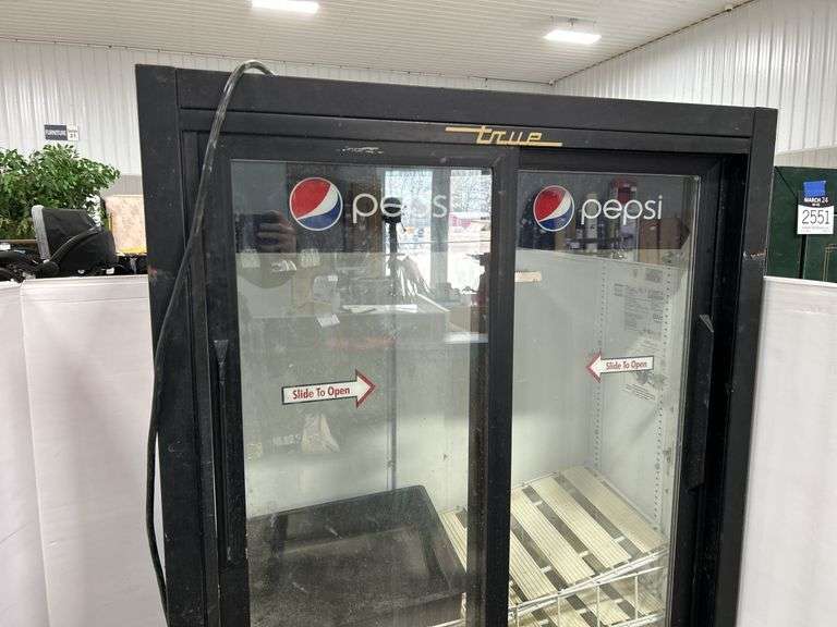 Pepsi Cooler, 36"W x 18"D x 59"H, will need to be cleaned, has wear ...