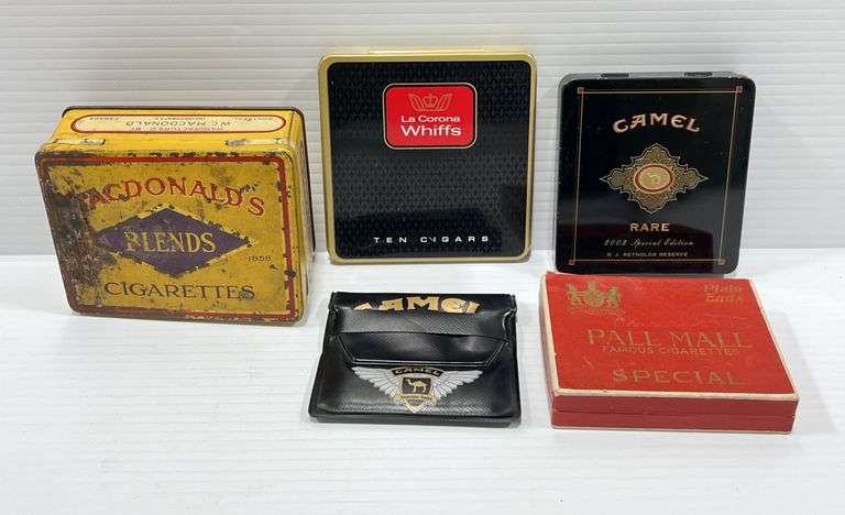 (5) Collectible older cigarette, cigar related tins, pouch, box of all ...