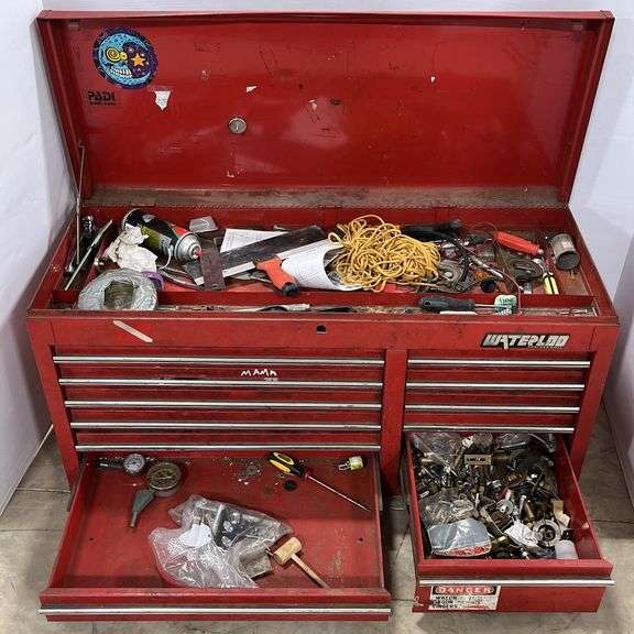 Waterloo tool box with random tools, box- 40 1/2" x 15 1/2" x 20", used ...