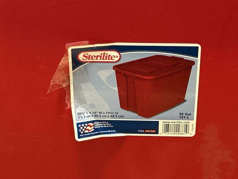 (5) Red totes, includes: One- 45-gallon with wheels, One- 32-gallon ...