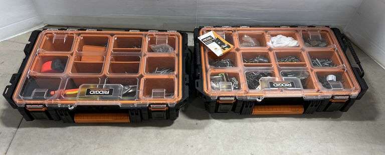 (2) RIDGID stackable tool bins filled with hardware and tools, 22"W x ...