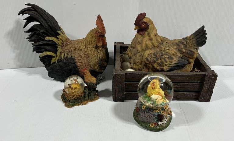 Rooster, Nesting hen with eggs, and (2) Glitter snow globes, one ...