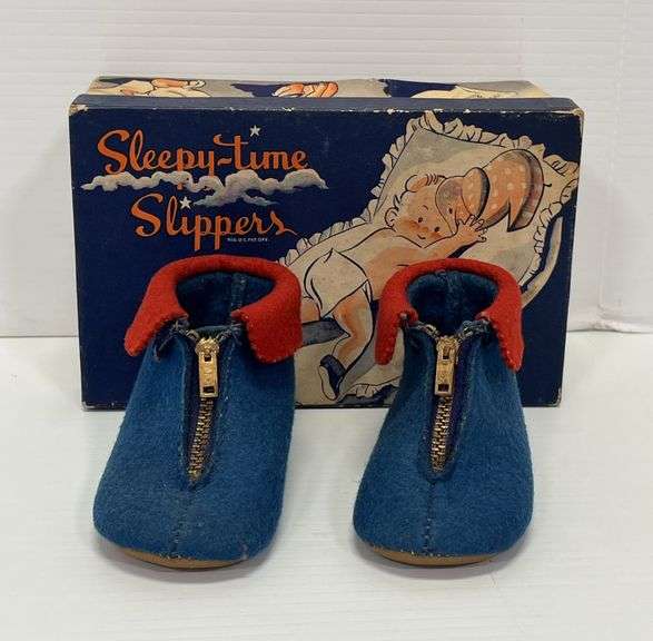 Vintage felted "Sleepy-Time", child's slippers in original box ...