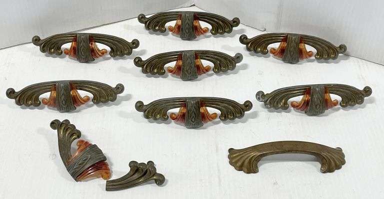 (9) Antique art deco nouveau drawer pulls, gold/brass tone, bakelite waterfall, includes: 8- Red ...