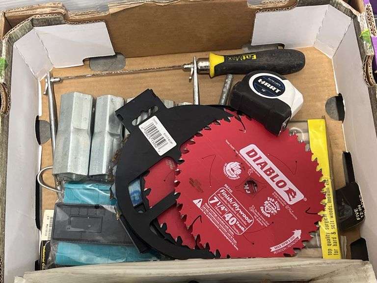 (3) Tray boxes of tools, includes: Pipe wrenches, hammers, Diablo Coren saw blades, NIP ...